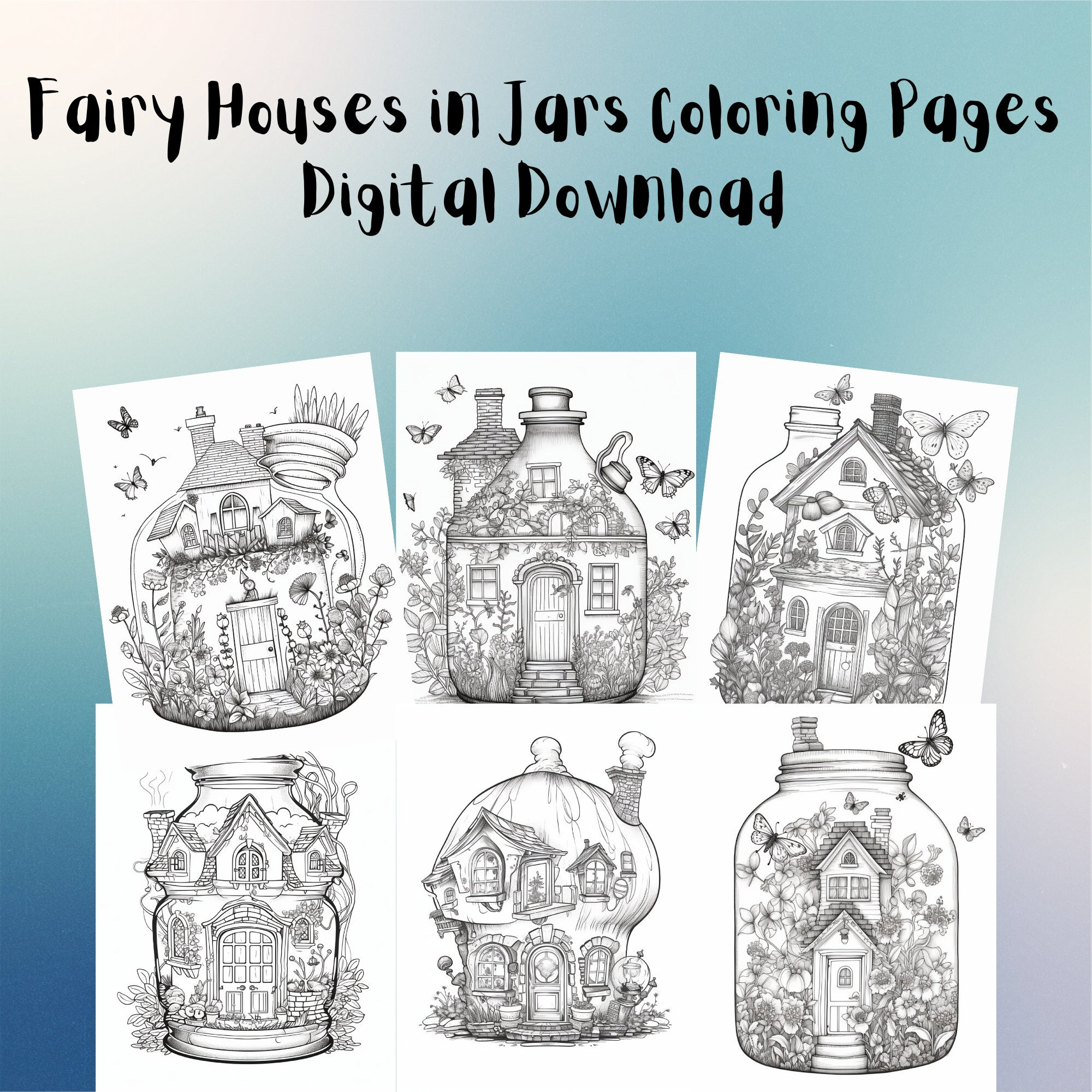 Fairy Houses in Jars Coloring Pages, Digital Download Coloring Pages ...