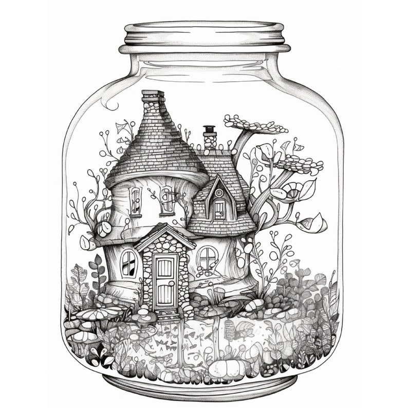Fairy House in Jars Coloring Pages, Digital Download Coloring Pages ...
