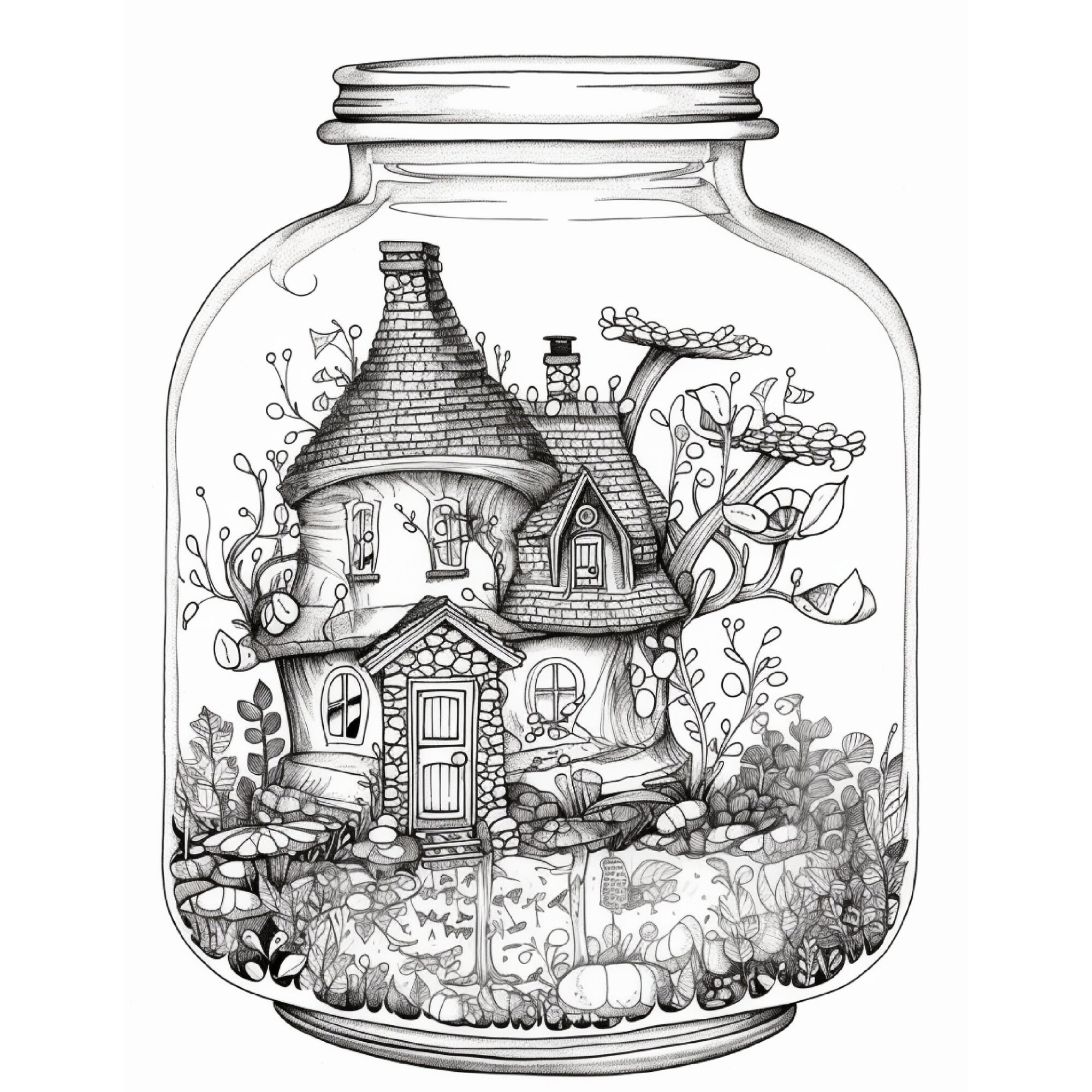 Fairy House in Jars Coloring Pages, Digital Download Coloring Pages ...