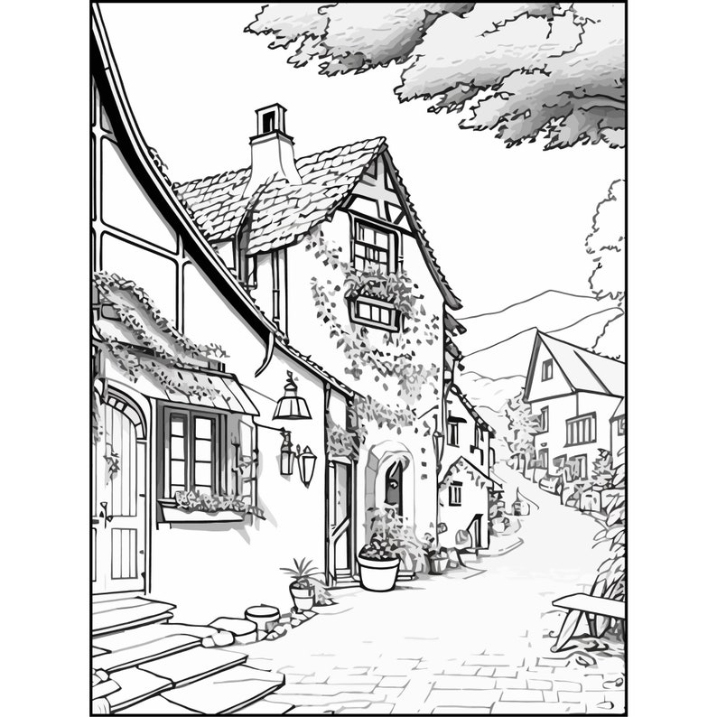 Village Scape Coloring Page Bundle - Etsy