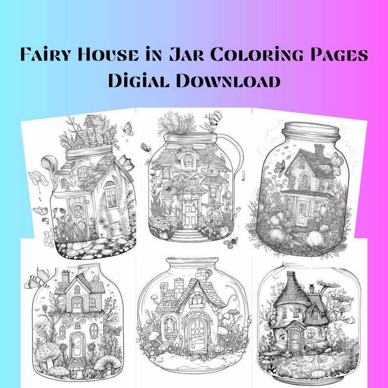 Fairy House in Jars Coloring Pages, Digital Download Coloring Pages ...