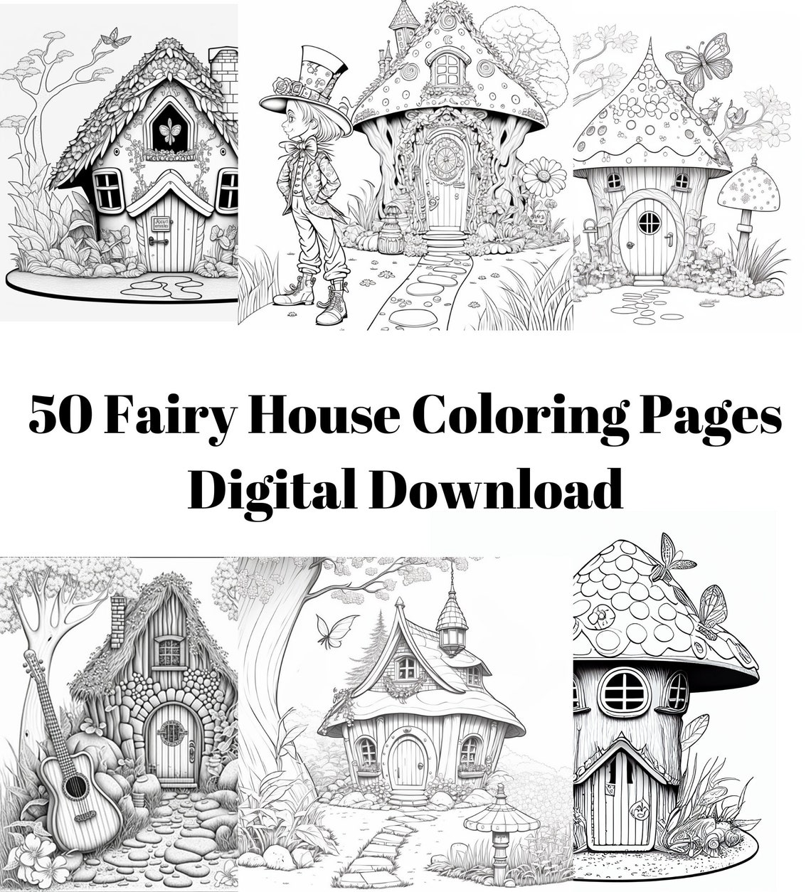 Fairy House Coloring Pages, Fairy Coloring Pages Bundle, Adult Coloring ...