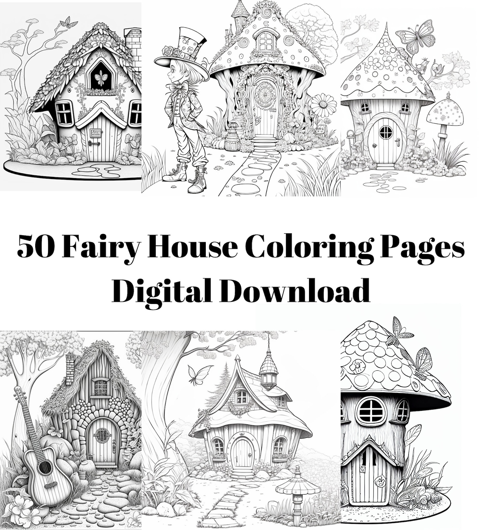 Fairy House Coloring Pages, Fairy Coloring Pages Bundle, Adult Coloring ...