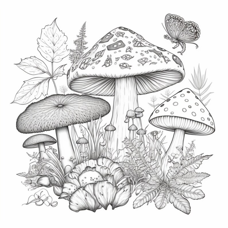 Fantasy Mushroom Coloring Pages, Mushroom Coloring Pages Bundle, Adult ...