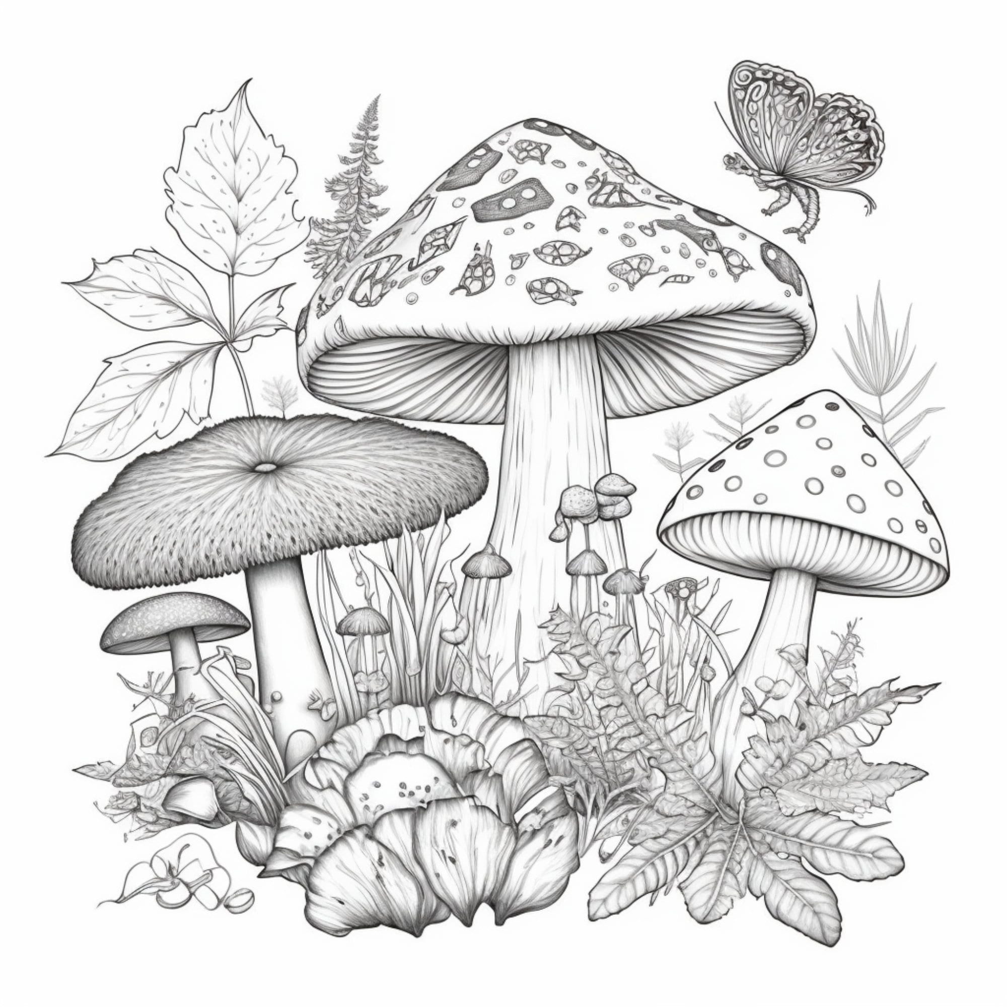 Fantasy Mushroom Coloring Pages, Mushroom Coloring Pages Bundle, Adult ...