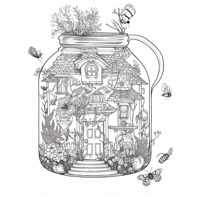 Fairy House in Jars Coloring Pages, Digital Download Coloring Pages ...