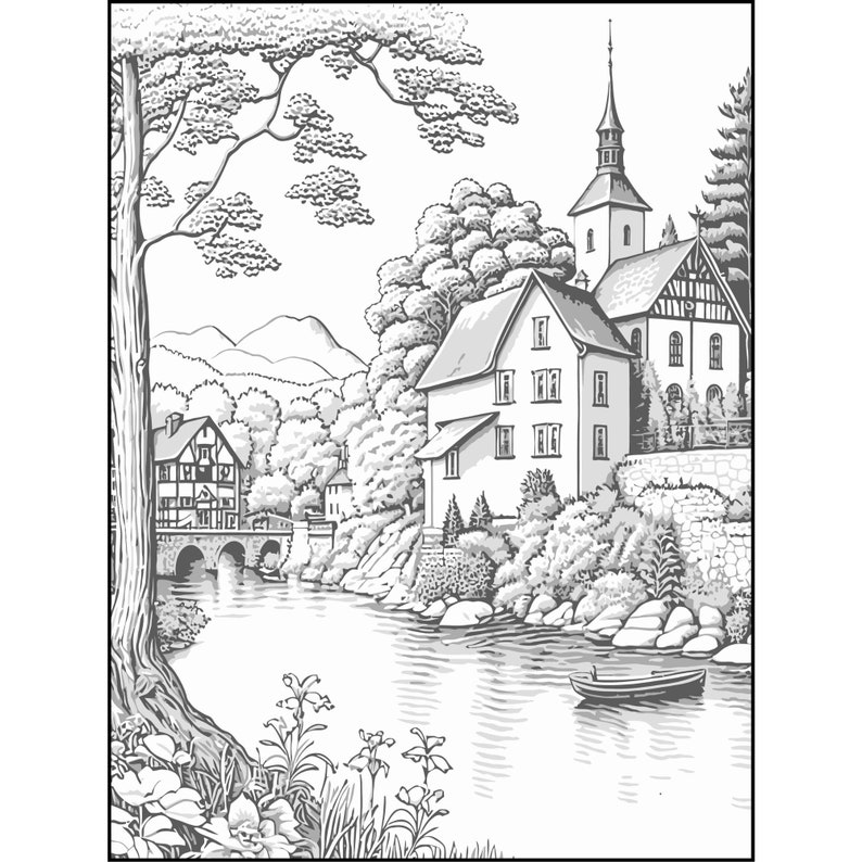 Village Scape Coloring Page Bundle - Etsy