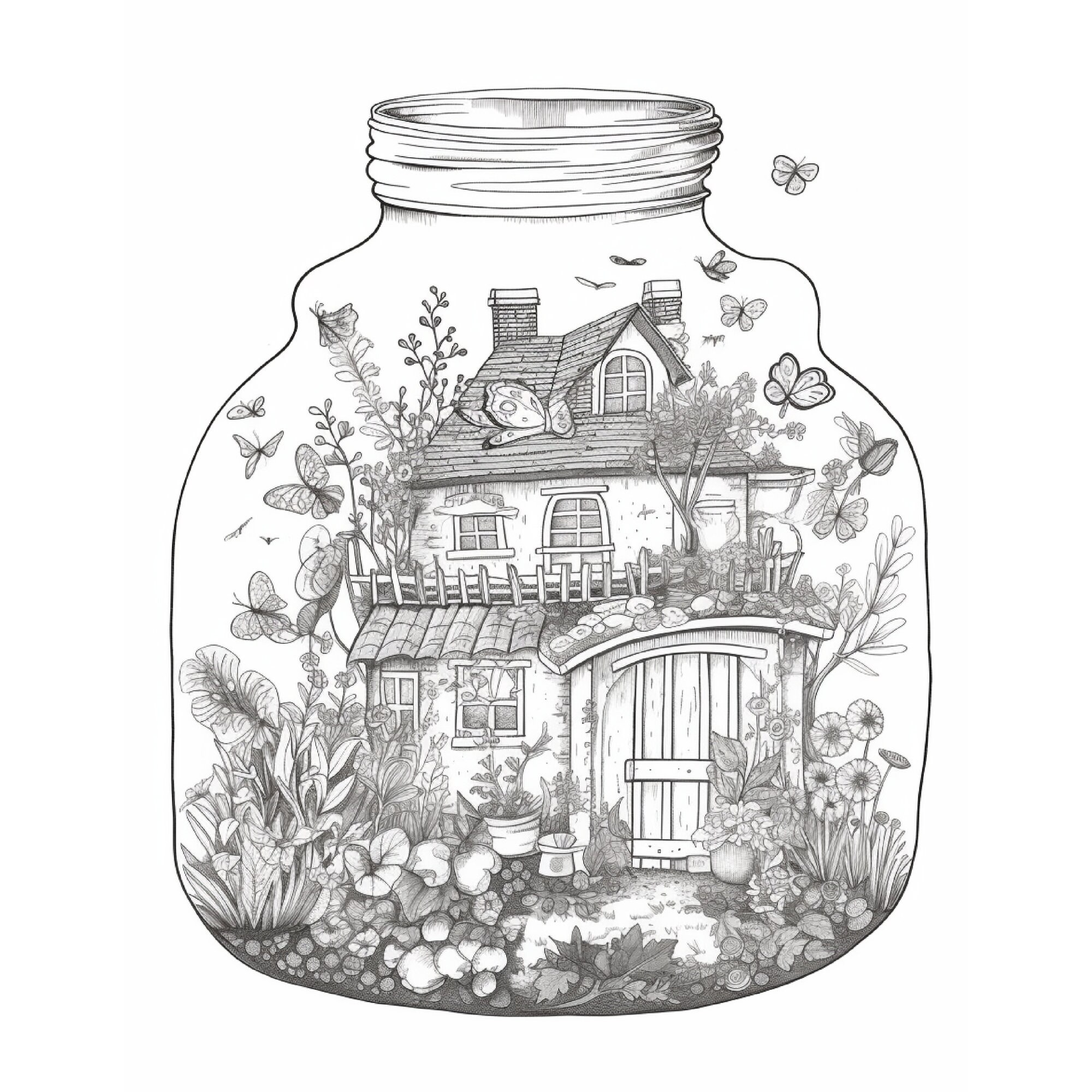 Fairy Houses in Jars Coloring Pages, Digital Download Coloring Pages ...