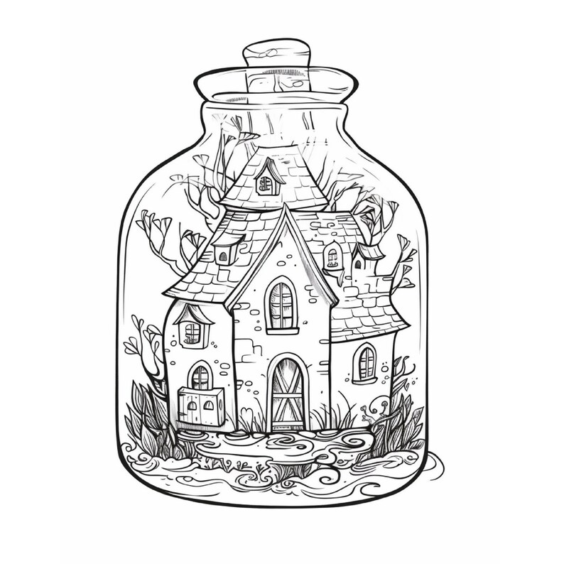 Fairy House in Jars Coloring Pages, Digital Download Coloring Pages ...