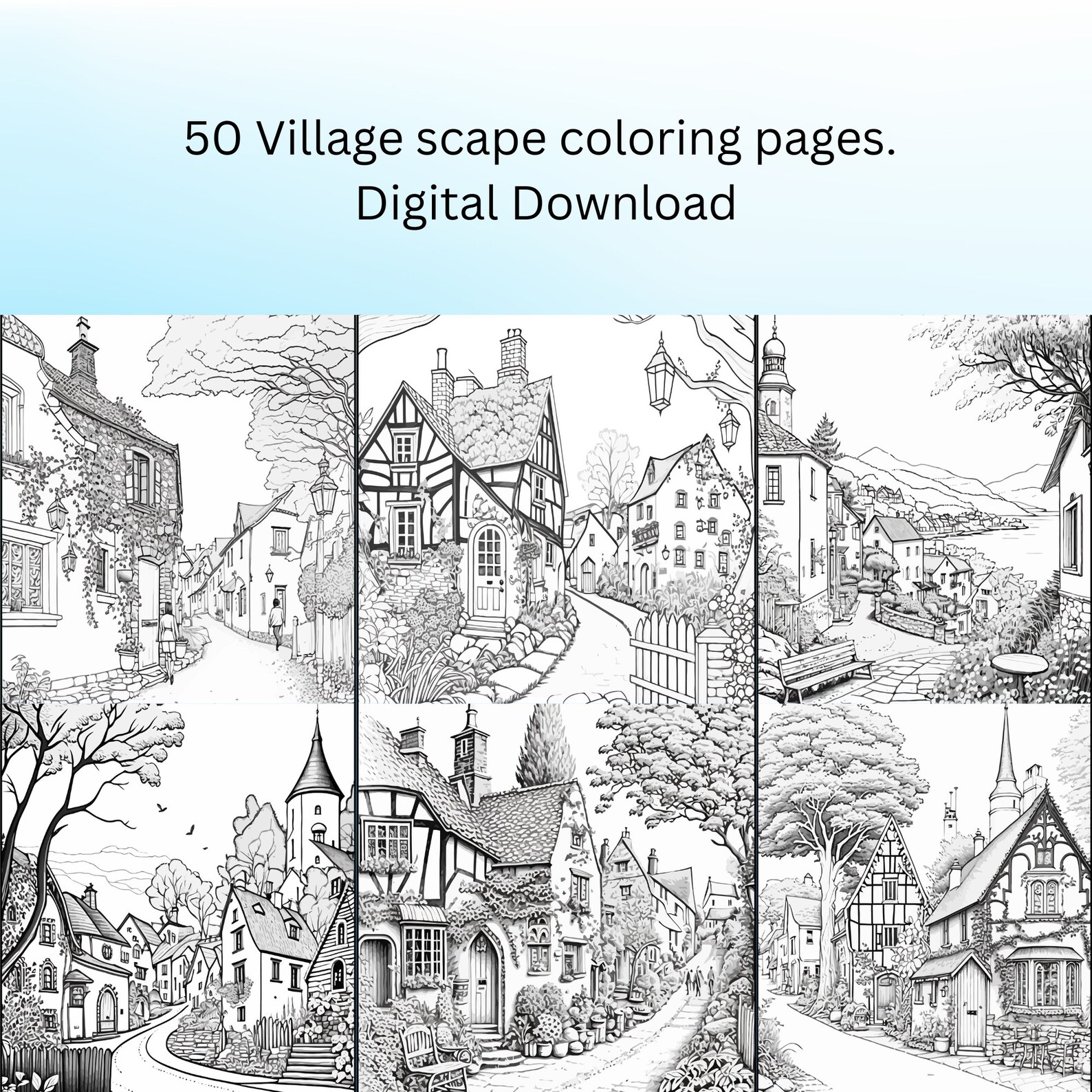 Village Scape Coloring Page Bundle - Etsy