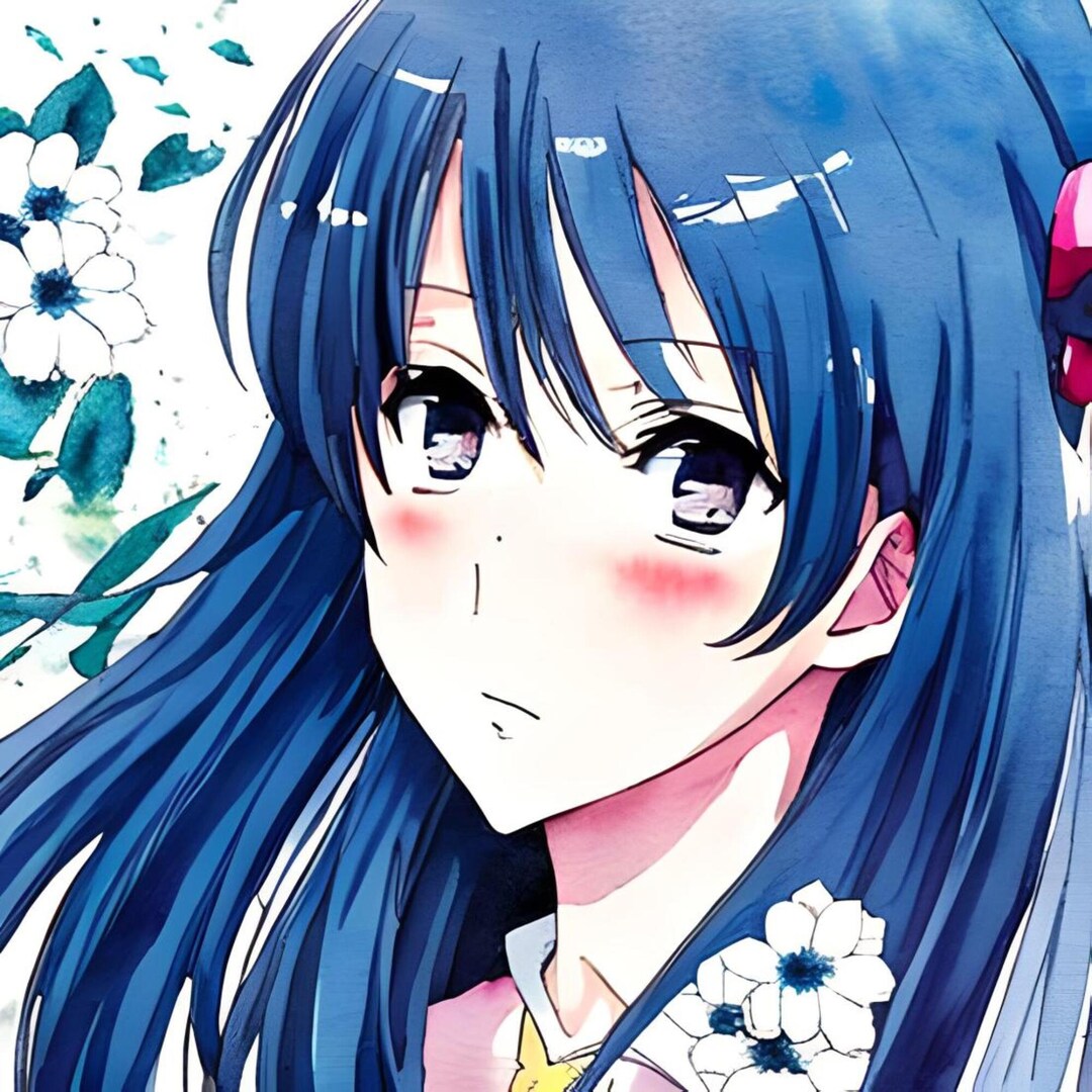 Japanese Girl With Blue Hair Manga Wall Art Anime Poster Water Color ...