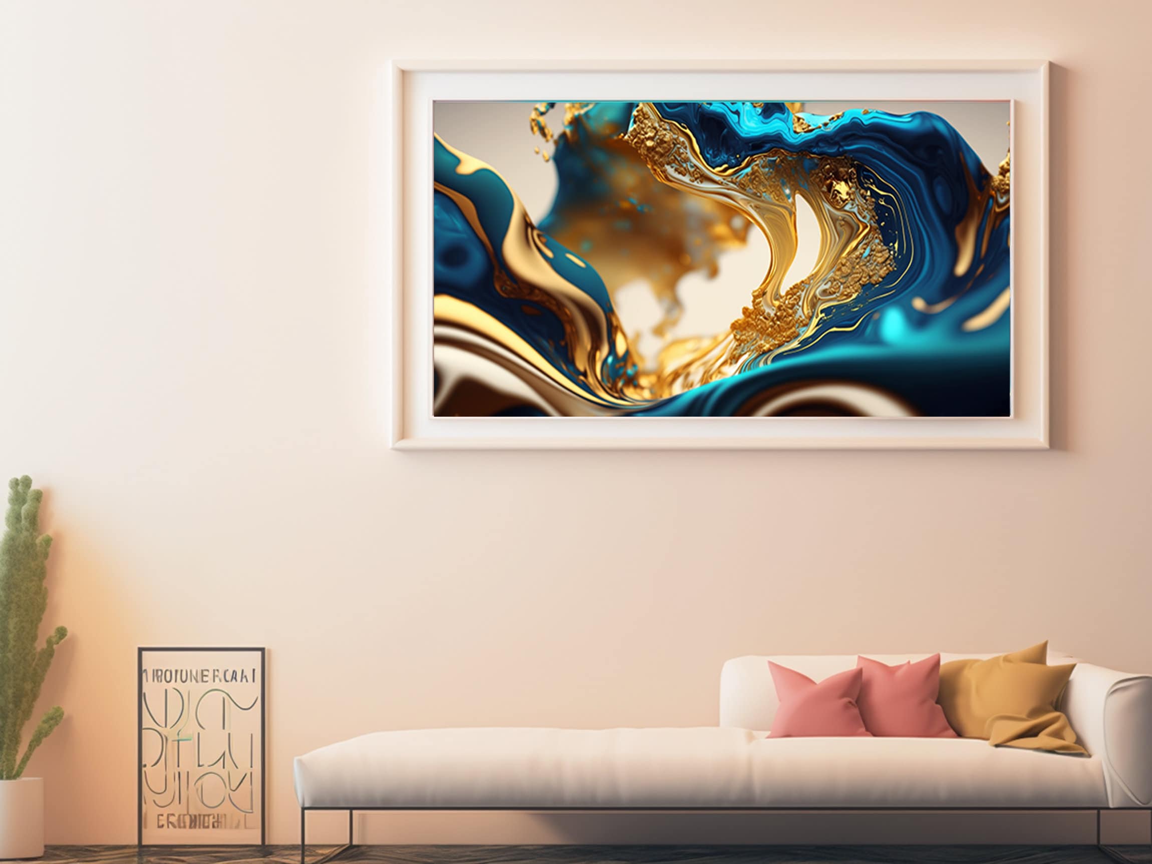 Golden & Blue "ocean Wave Abstract" - Wall Art Decor - Horizontal ...