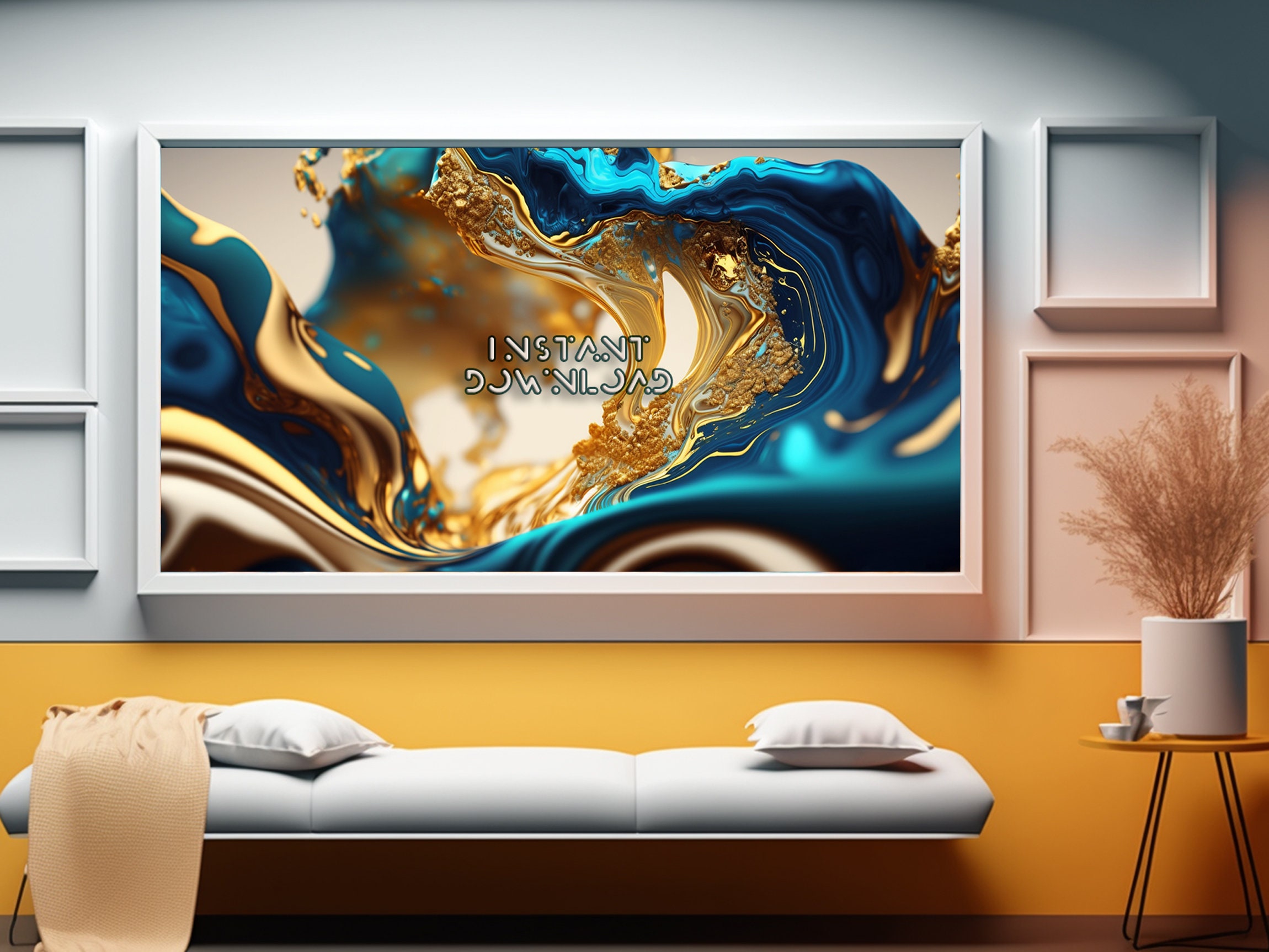 Golden & Blue "ocean Wave Abstract" - Wall Art Decor - Horizontal ...