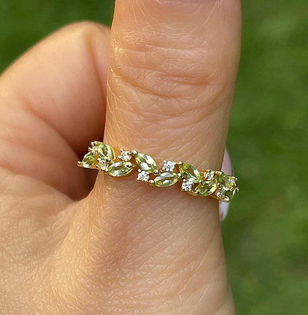 Vintage Peridot Wedding Band 14k Rose Gold Ring Cluster Marquise ...