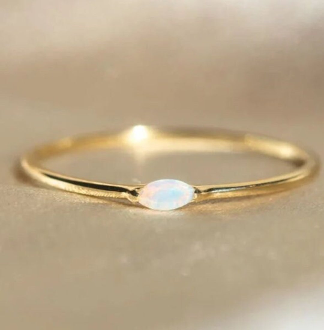 14k Gold Simple Opal Band, Dainty Opal Stacking Ring, Ethiopian Opal ...