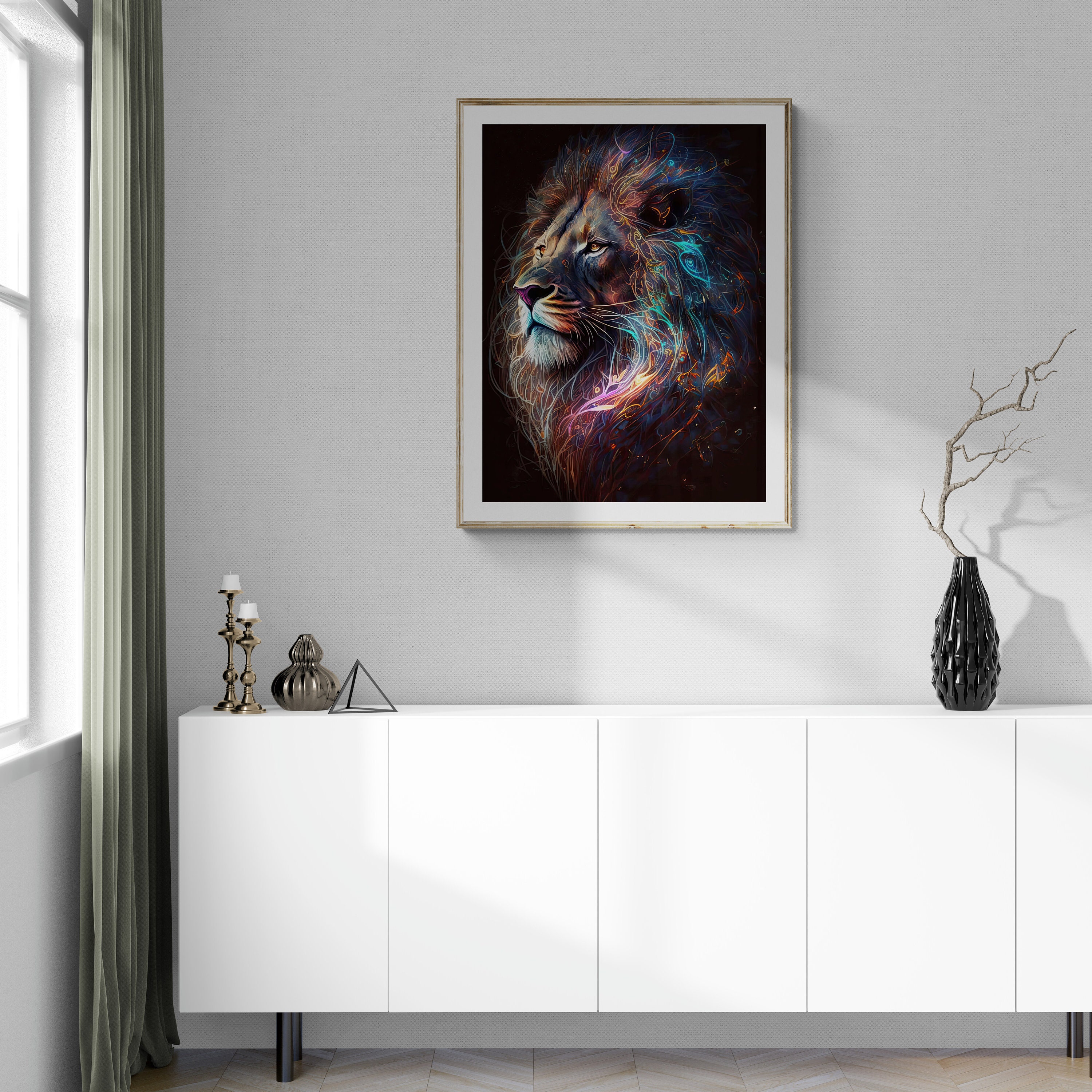 This Lion Head Poster is Designed With a Bold Neon Glow That Adds an ...