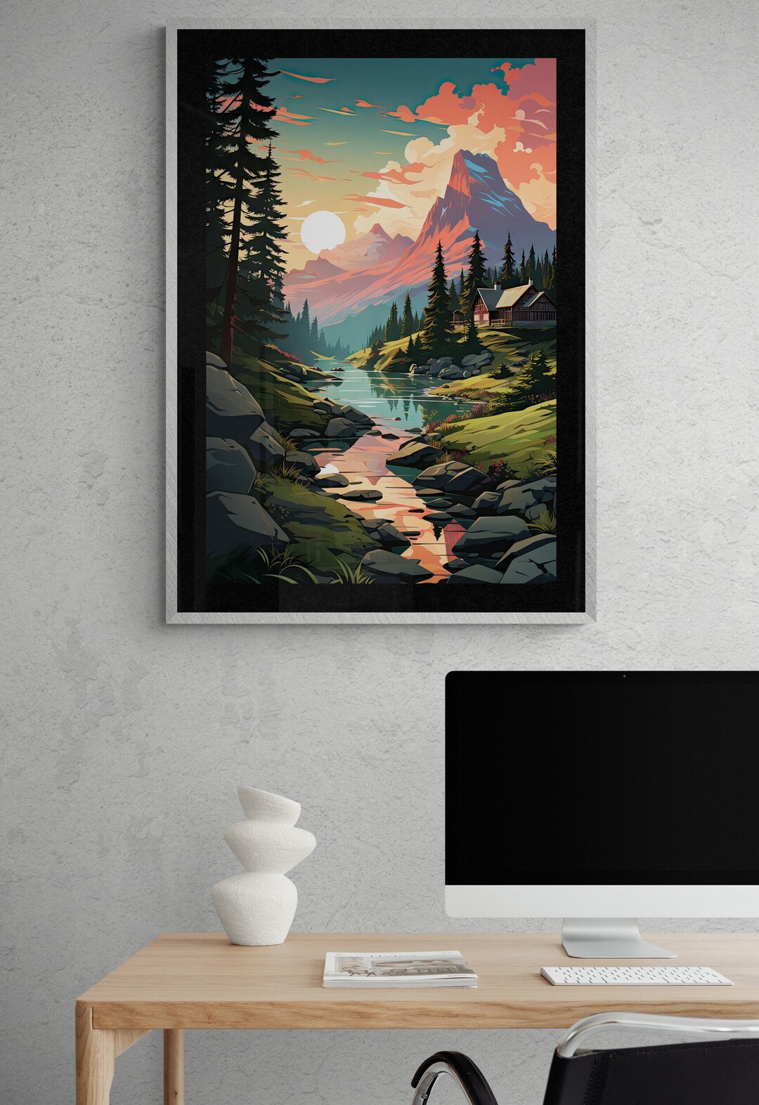 Mountain Haven Digital Illustration of House in the Mountain Digital ...
