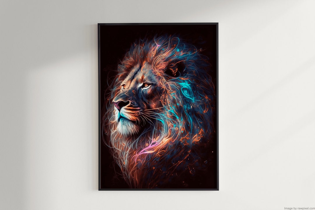This Lion Head Poster is Designed With a Bold Neon Glow That Adds an ...