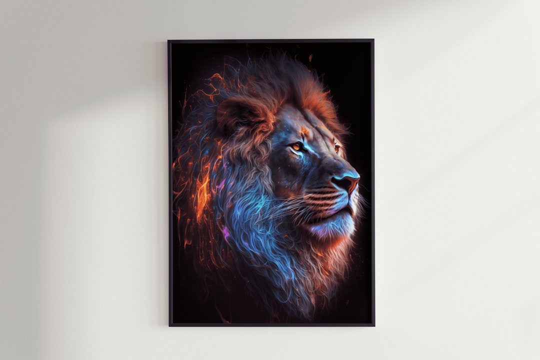 Neon-colored Lion Head Digital Print - Etsy