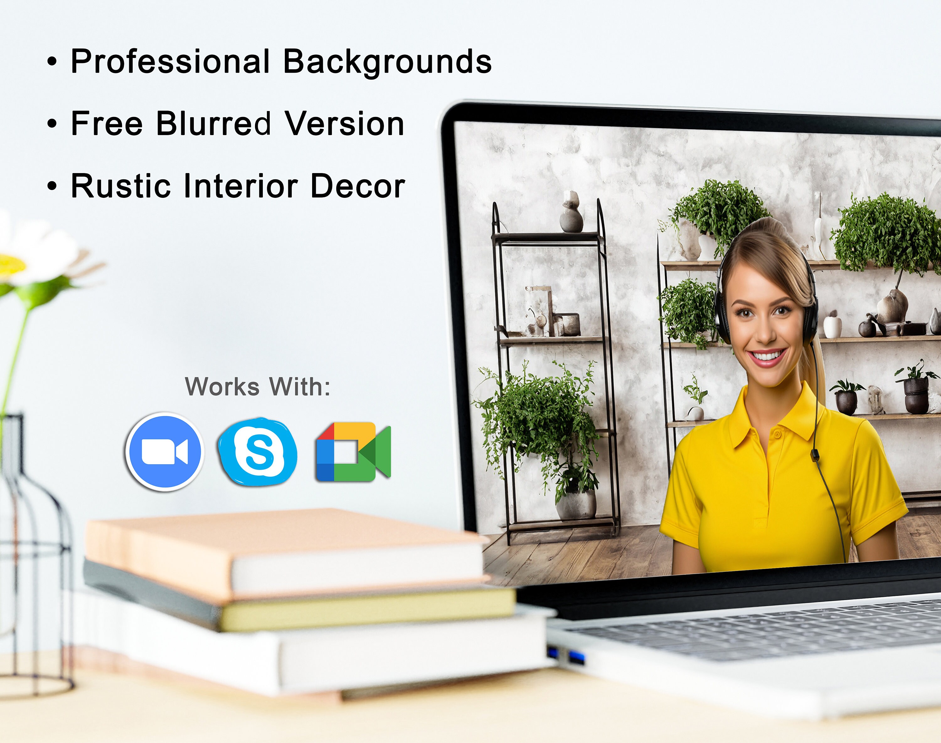 10 Professional Rustic Zoom Backgrounds W/ Plants, Books and Shelving ...