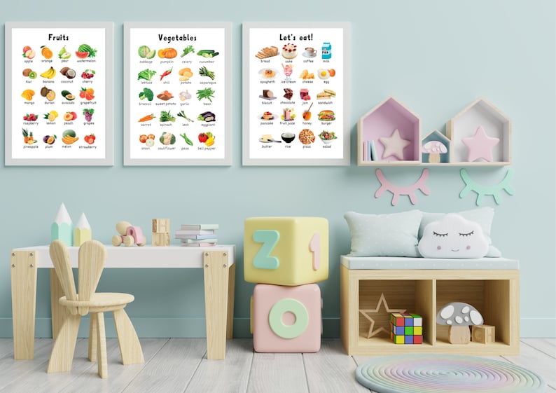 Printable Educational Poster Food Fruit Vegetable for Kids Toddler, Set ...