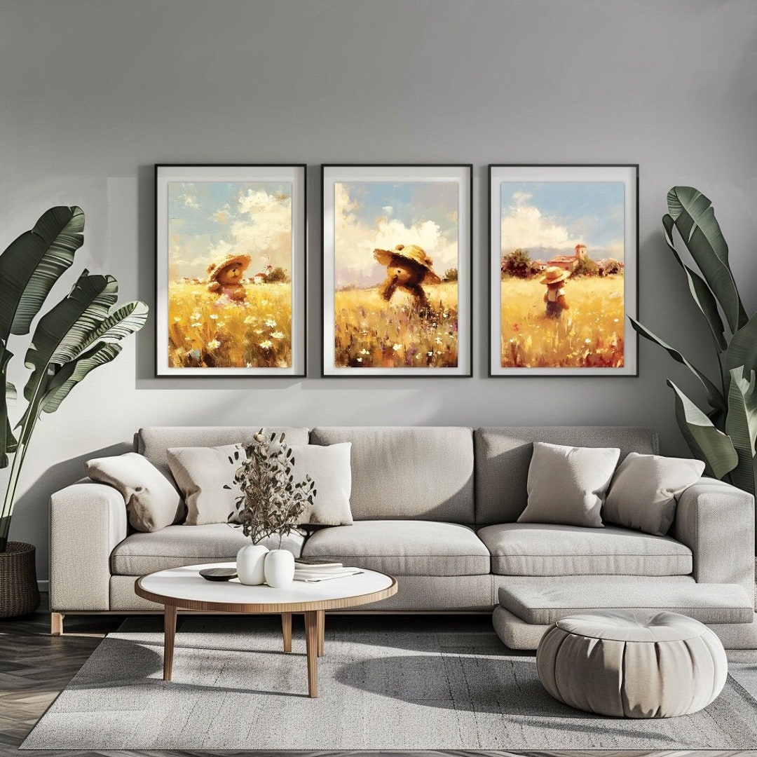 Rustic Teddy Bear Countryside Art Set Pastoral Teddy Print for Nursery ...