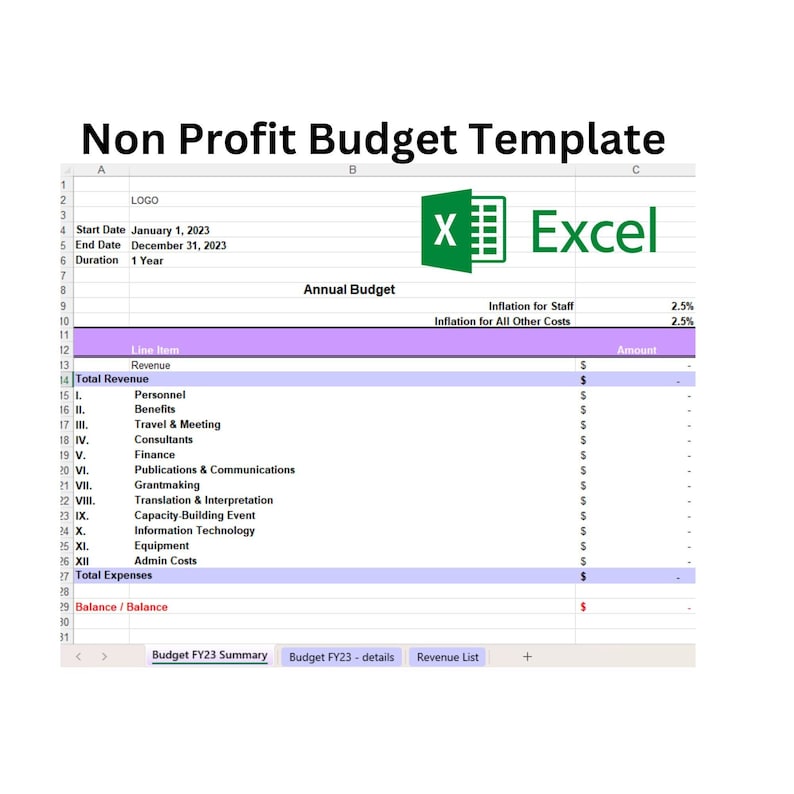 Non Profit Donor Budget| Annual Template| Budget Categories| Excel ...