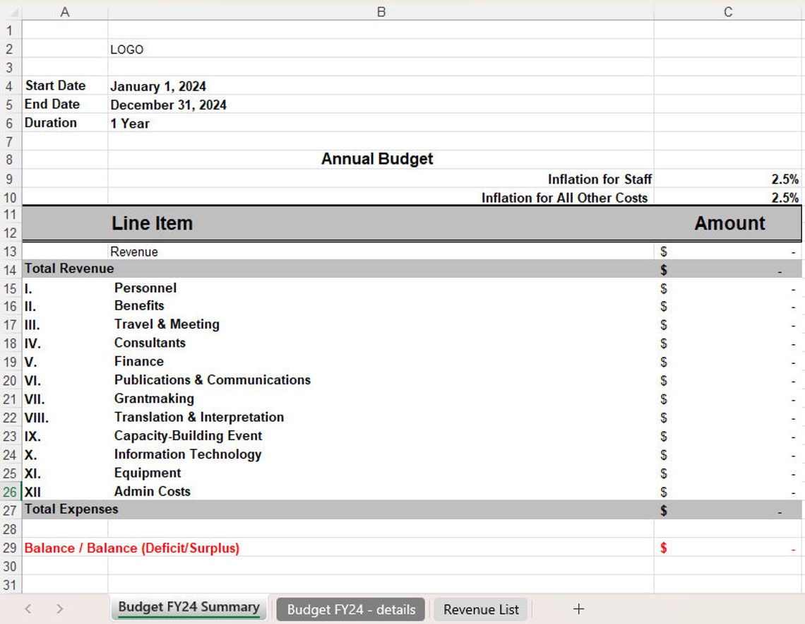 Non Profit Donor Budget| Annual Template| Budget Categories| Excel ...