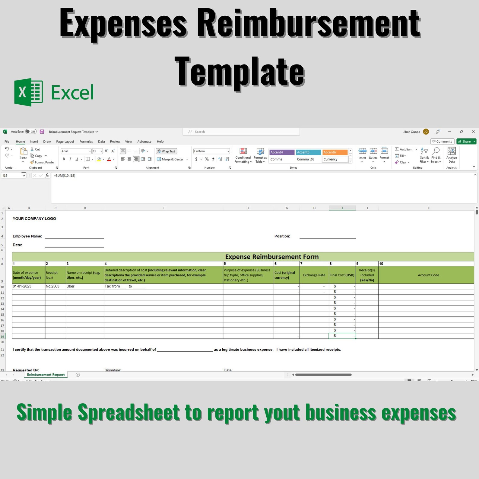 Expense Reimbursement Template Microsoft Excel office Business