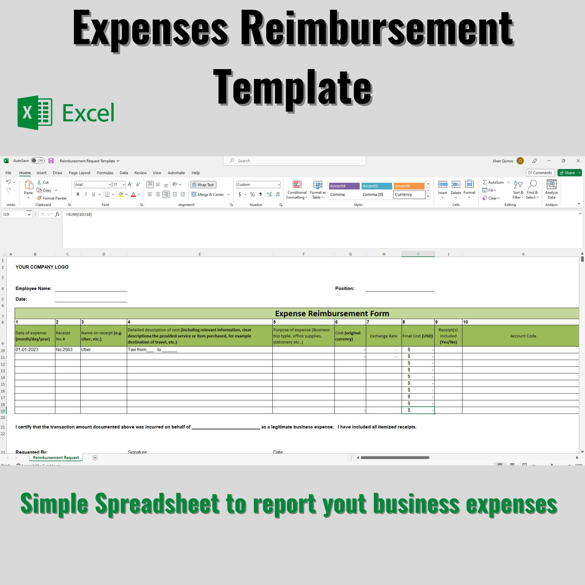 Expense Reimbursement Template| Microsoft Excel |office Business ...