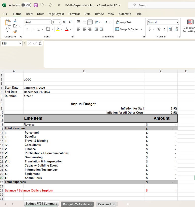 Non Profit Donor Budget| Annual Template| Budget Categories| Excel ...