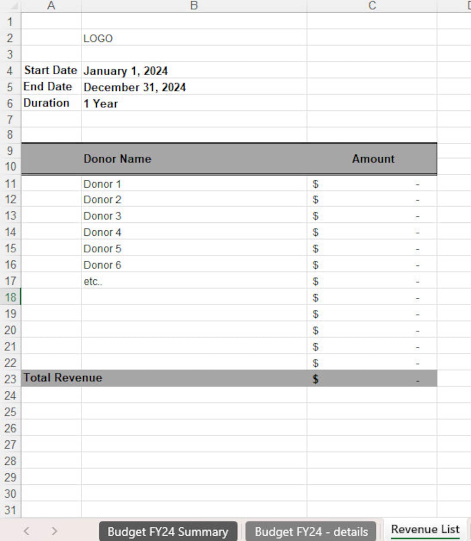 Non Profit Donor Budget| Annual Template| Budget Categories| Excel ...