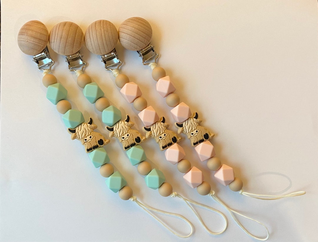 Cute Silicone Pacifier Clip With Highland Cow (pink or Blue Accent ...