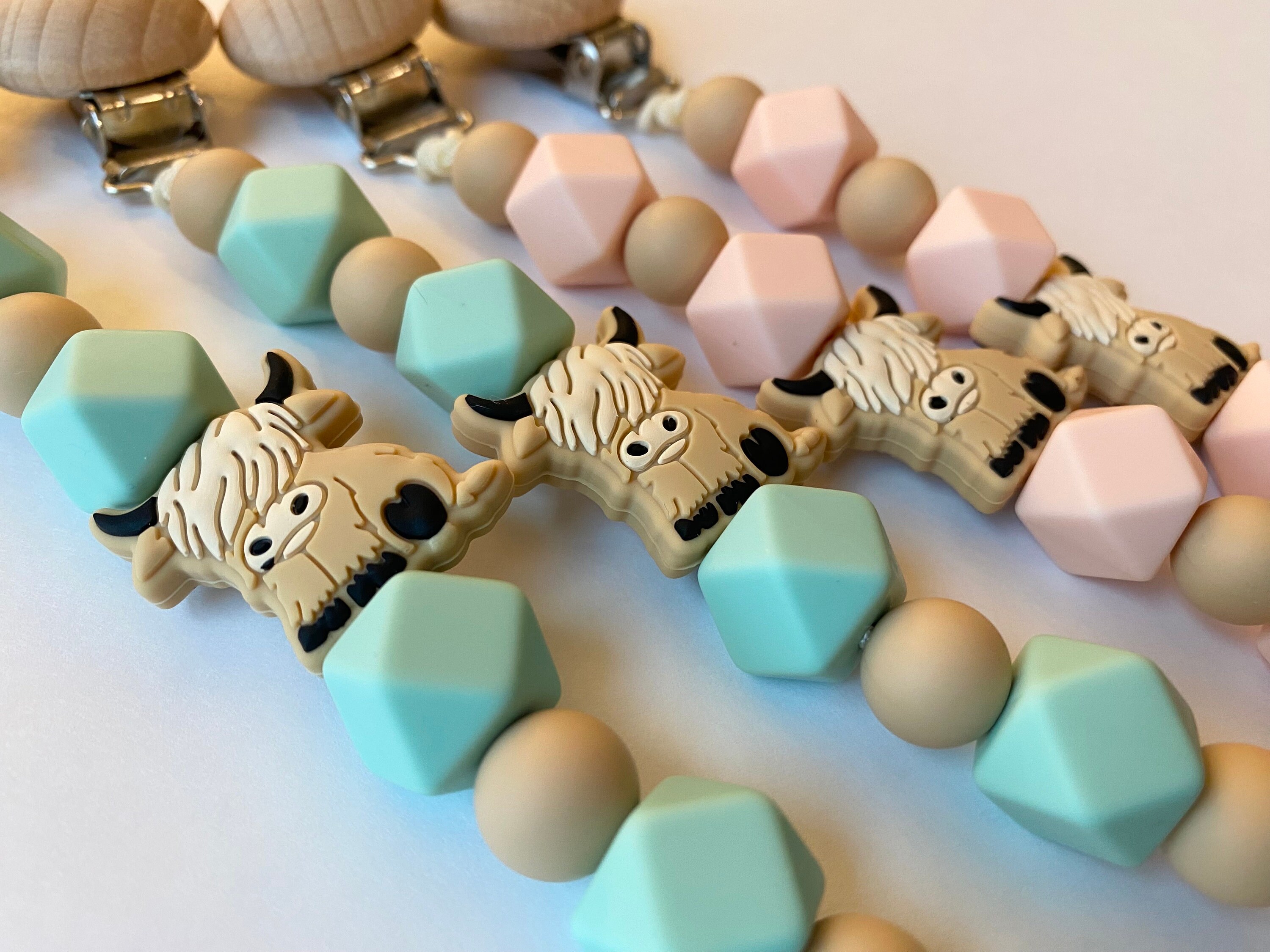 Cute Silicone Pacifier Clip With Highland Cow (pink or Blue Accent ...