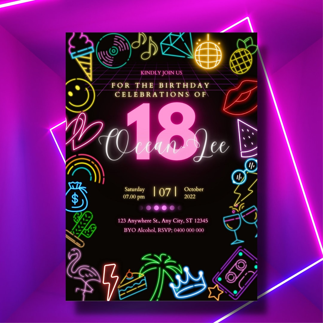 Neon Disco Theme Invitation - Etsy