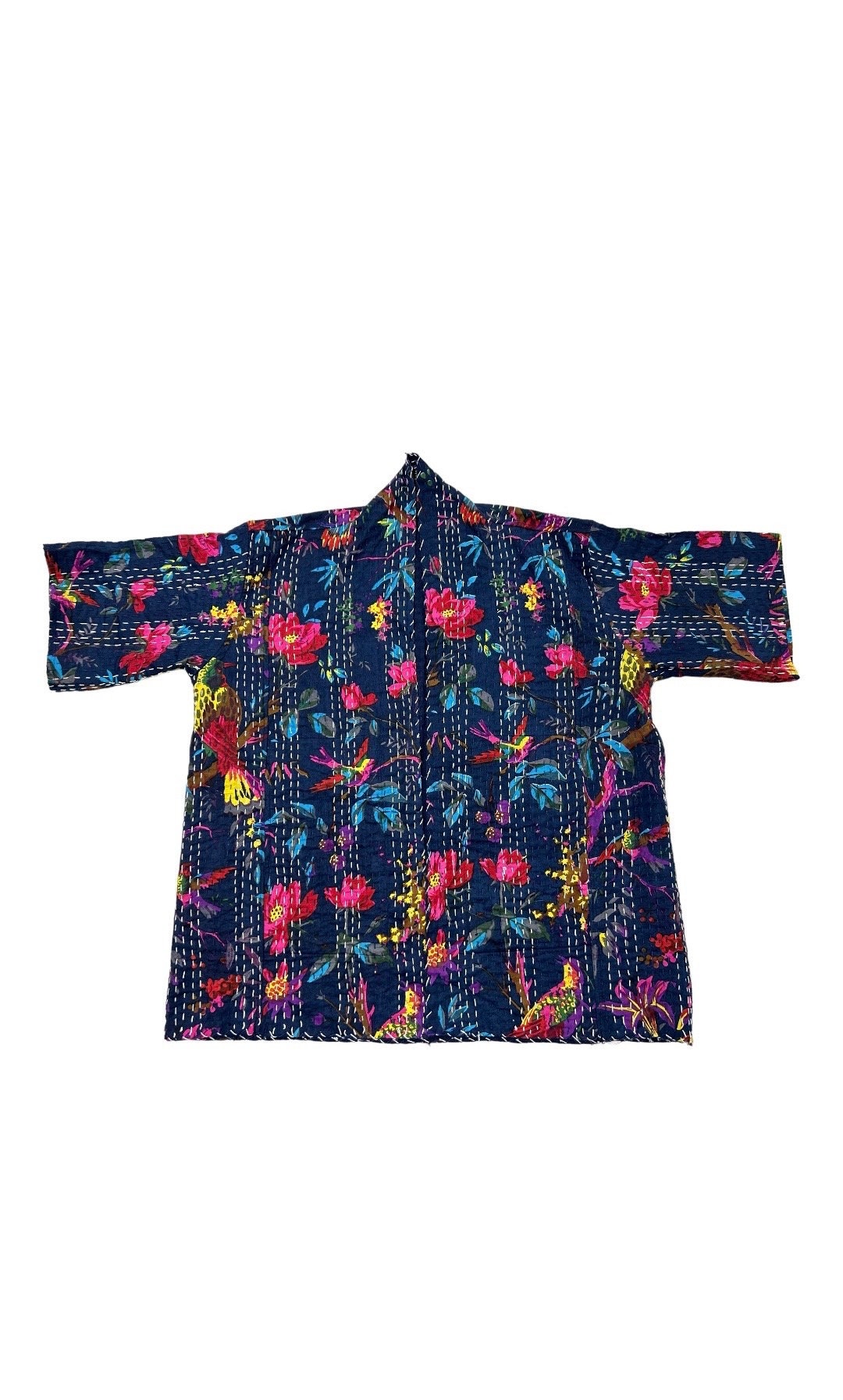 Birds and Floral Print in Kanta Work Handblock Jacket and Fabric Also ...