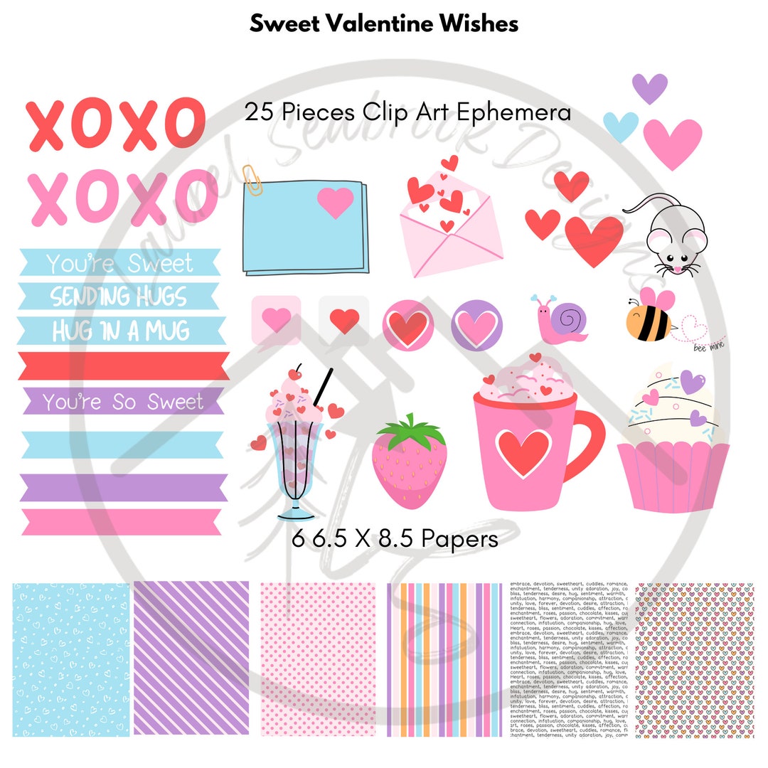Sweet Valentine Wishes Digital Paper and Clipart - Etsy