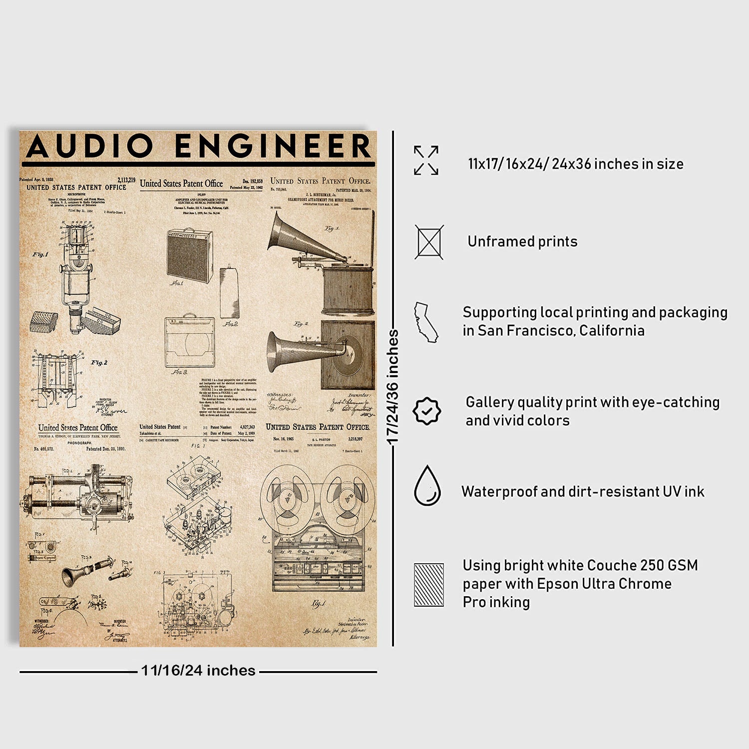 Audio Engineer Patents of Us Poster Design Lover Gift Home Decoration ...