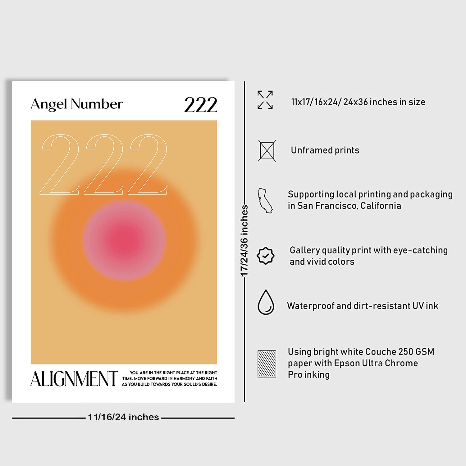 222 Angel Number Poster, Angel Numbers 222 Print, Alignment Angel ...
