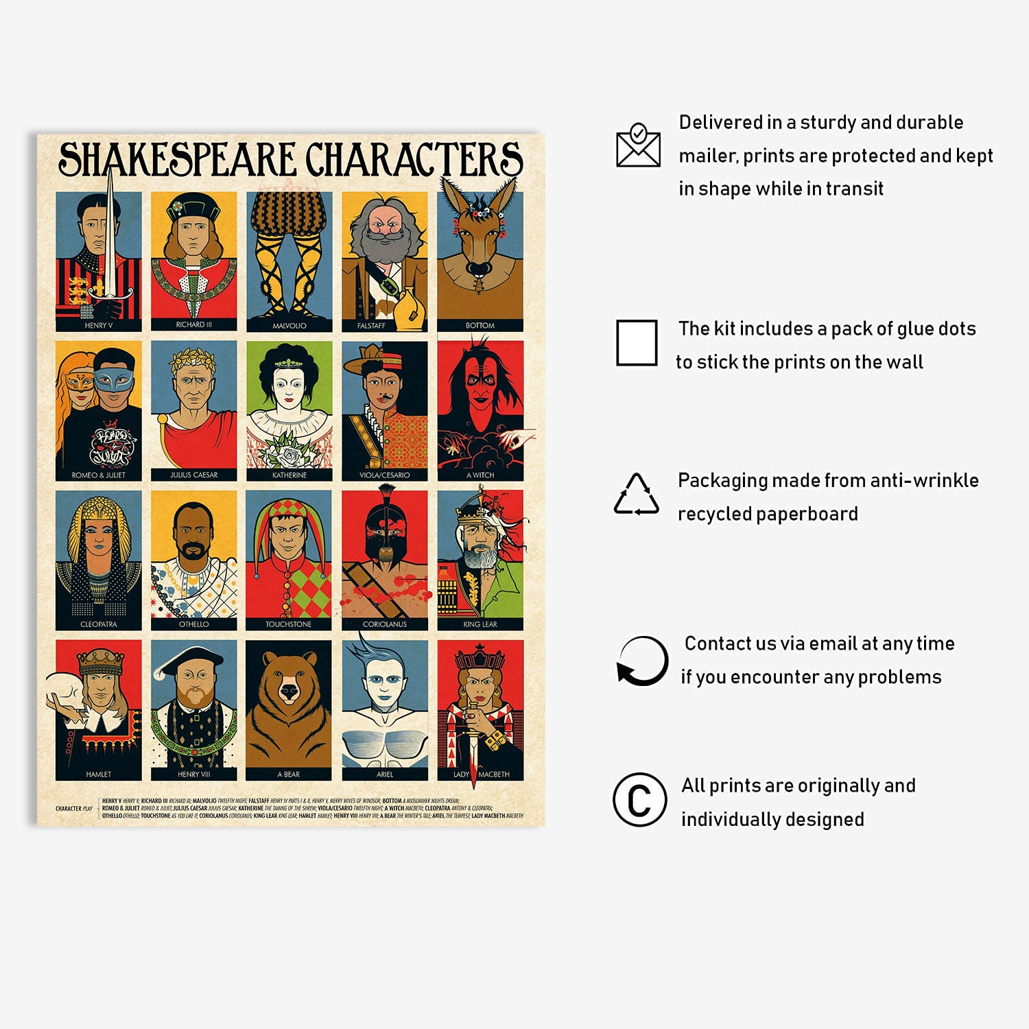 Shakespeare's Characters Poster, Vinatge Digital Print, Wall Art Decor ...