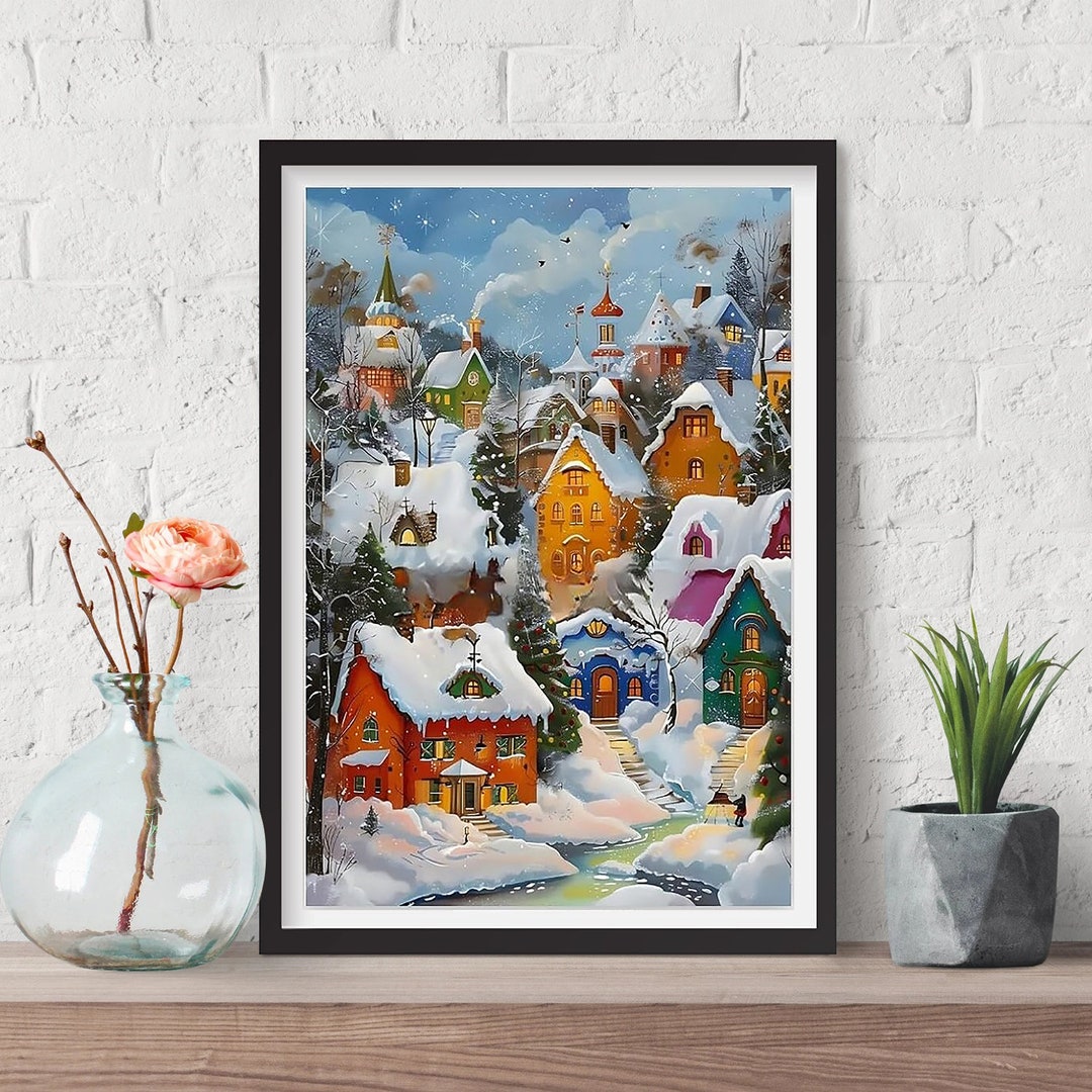Winter Quiet Street Christmas Scene Poster, Snow Pine Tree Holiday ...
