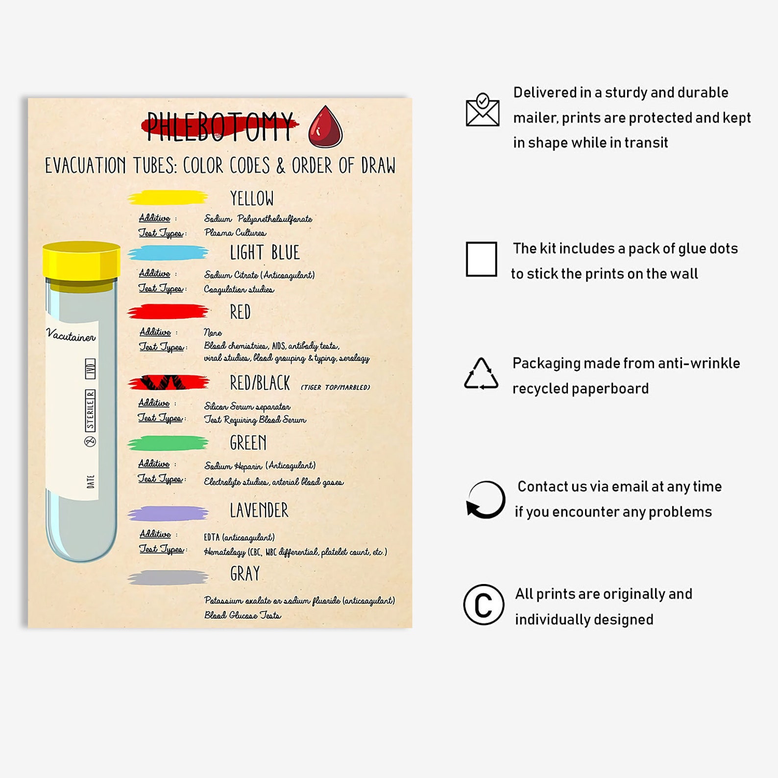 Phlebotomy Knowledge Poster, Phlebotomy Wall Art Evacuation Tube Color ...