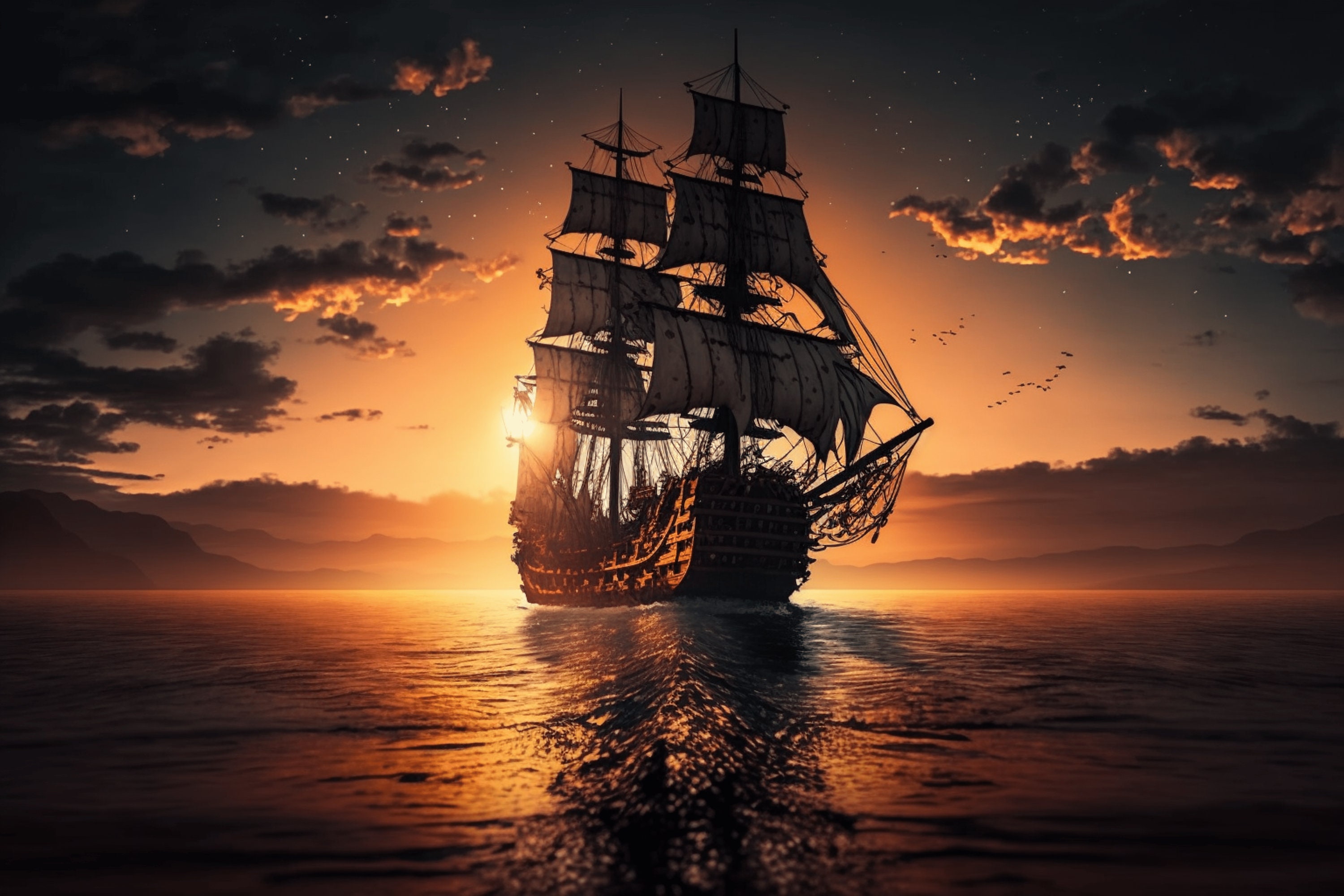 Ship at Sunset Digital Art - Instant Download - Etsy