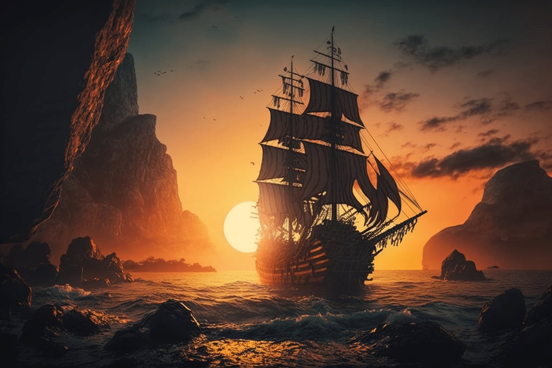 Ship at Sunset Digital Art - Instant Download - Etsy