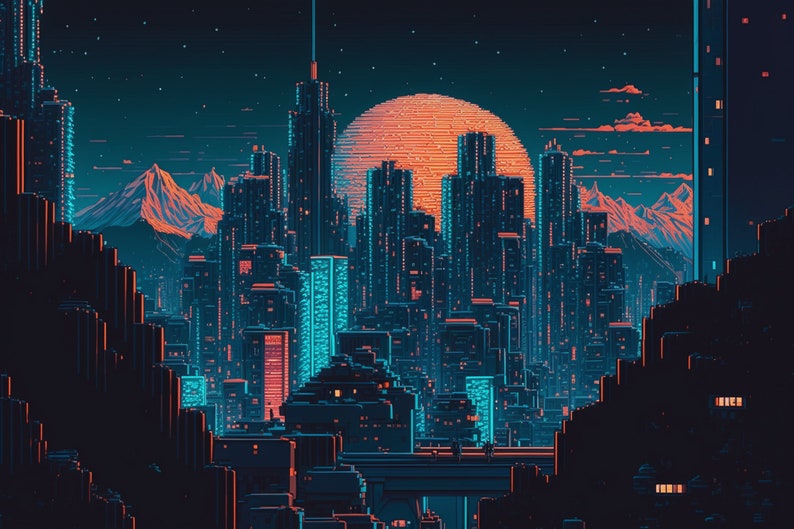 Digital Pixel City Illustration - Instant Art Download - Etsy