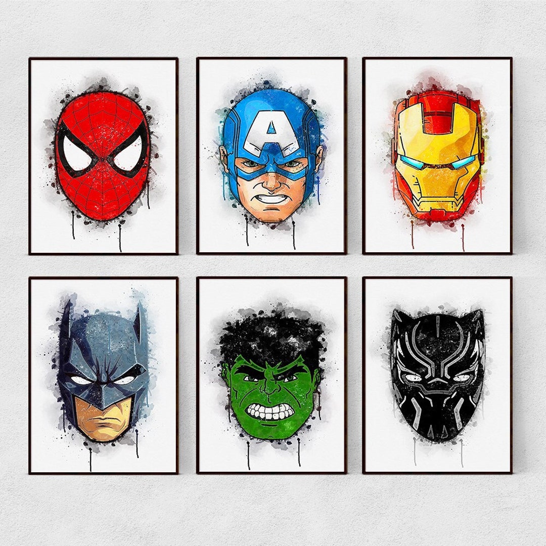 Superhero Heads Set of Poster Prints Watercolour Gift Printable Wall ...
