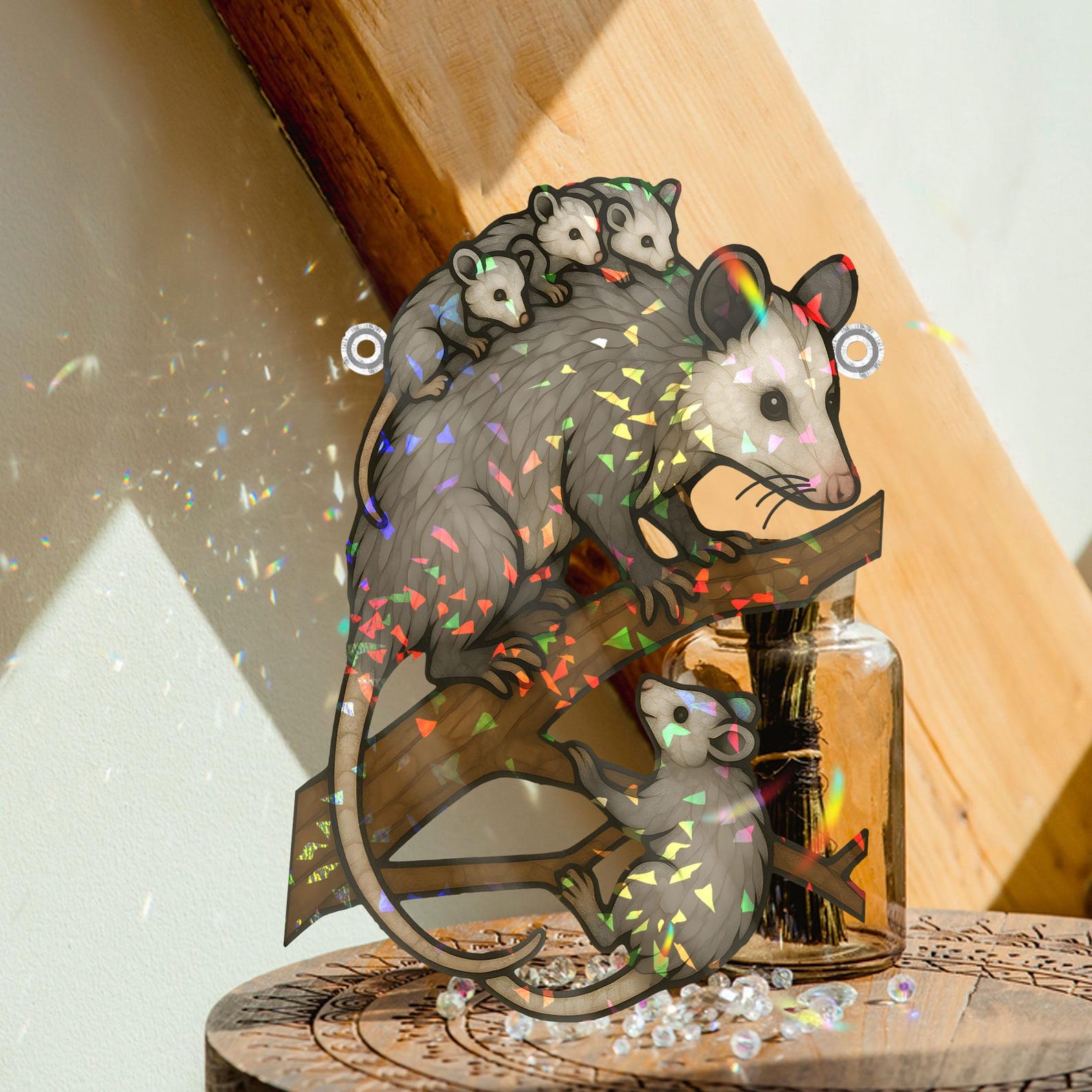 Opossum Mom Glass Hologram Acrylic Suncatcher, Whimsical Mother's Day ...