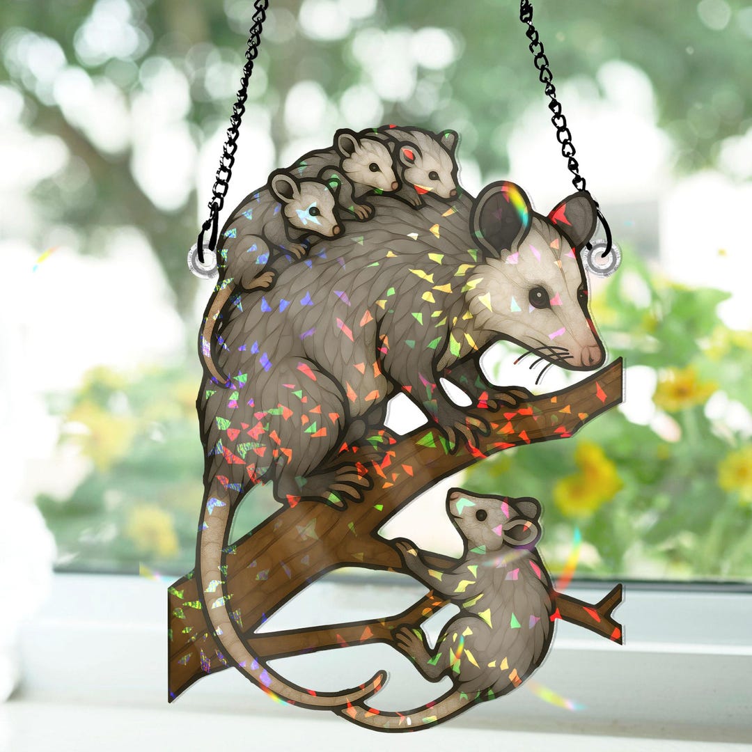 Opossum Mom Glass Hologram Acrylic Suncatcher, Whimsical Mother's Day ...