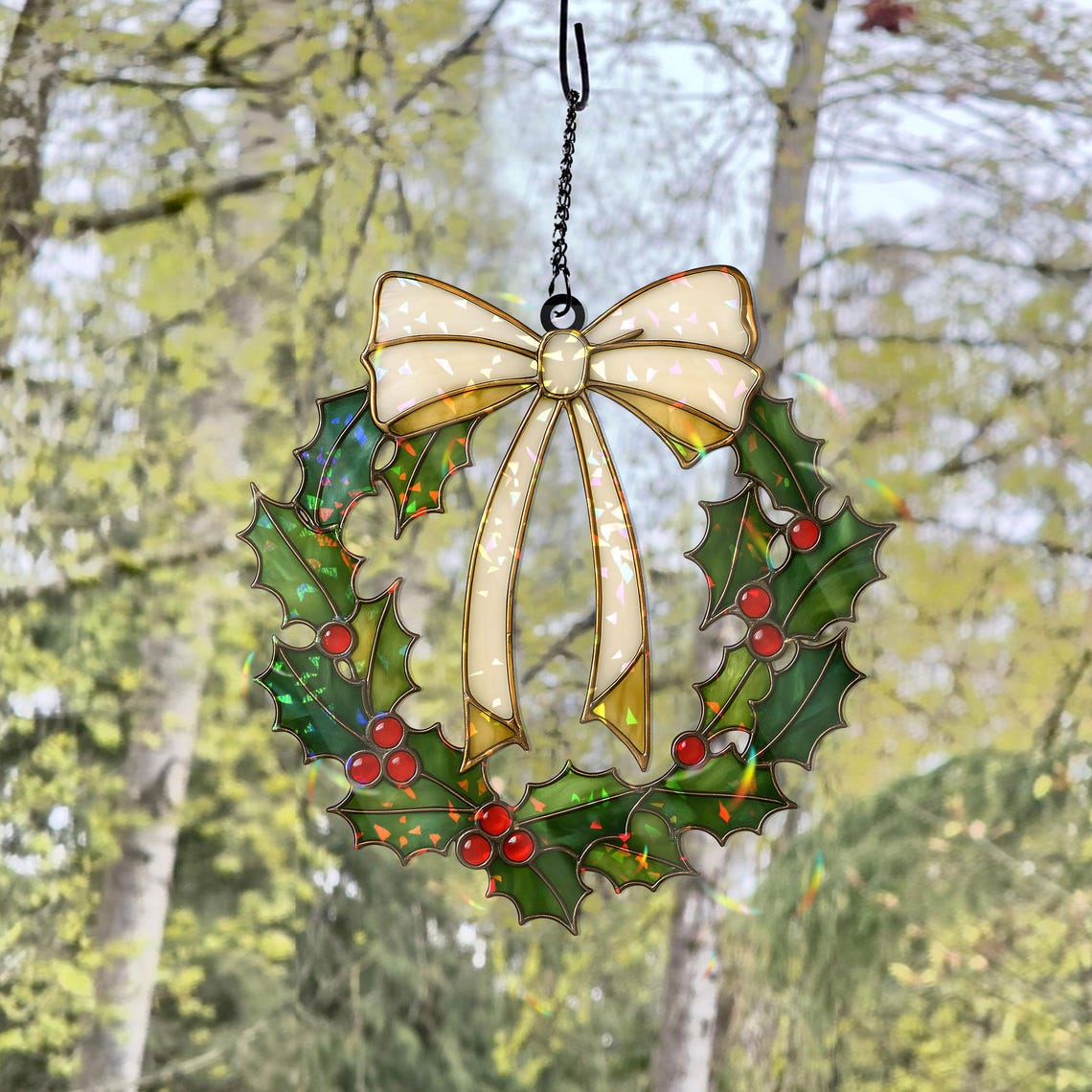 Glass Hologram Acrylic Christmas Holly Wreath, Festive Holiday Window ...
