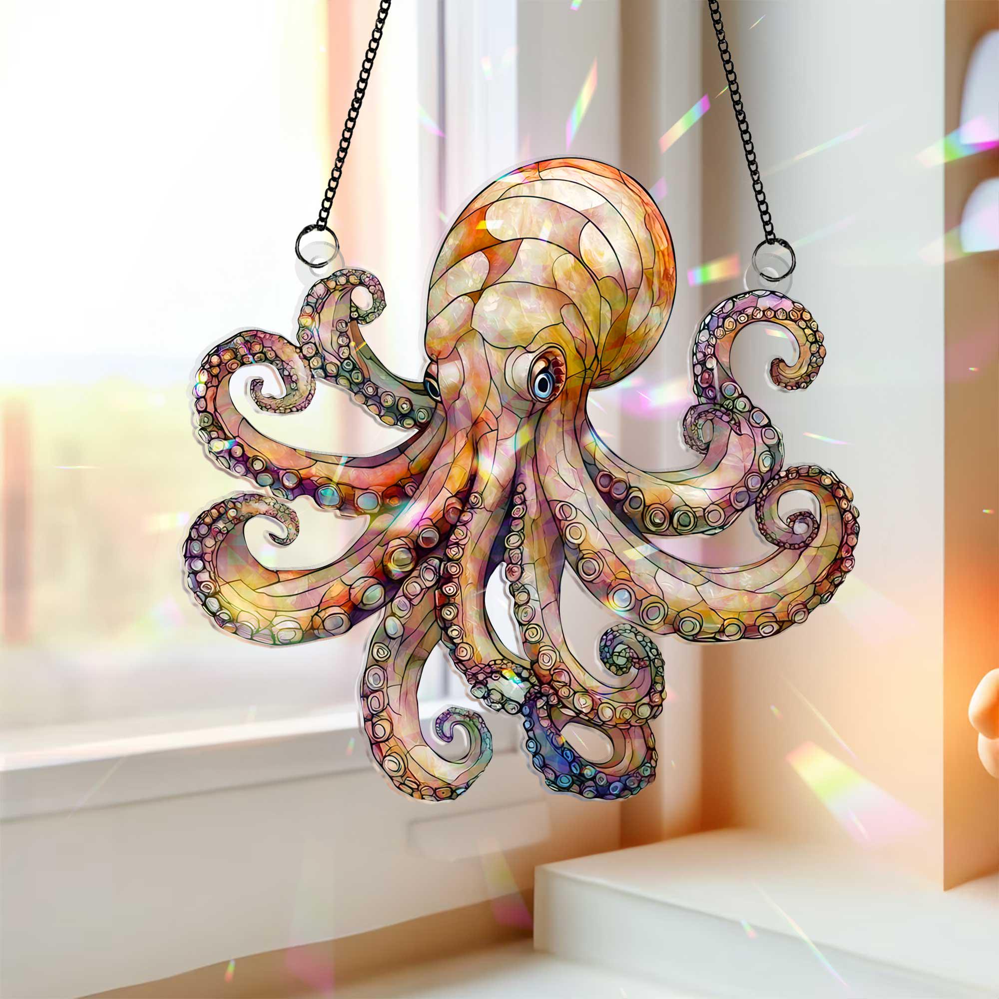 Octopus Stained Hologram Acrylic Suncatcher, Colorful Ocean Window ...